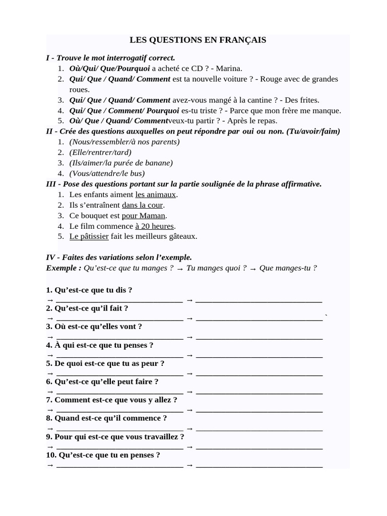 Questions en français : Exercices pratiques | PDF
