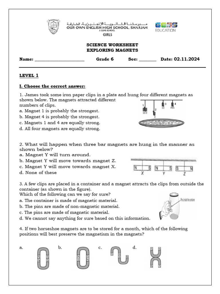 Grade 6 Science Worksheet: Magnets | PDF | Magnet | Magnetism