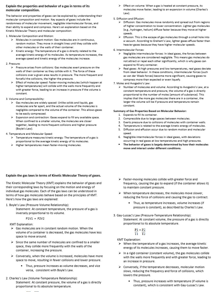 CHEM Properties and Behavior of Gases in Molecular | PDF | Gases ...