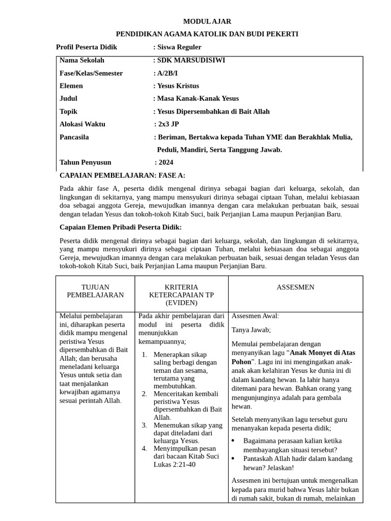 Modul Ajar Kisah Yesus Dipersembahkan Di Bait Allah | PDF