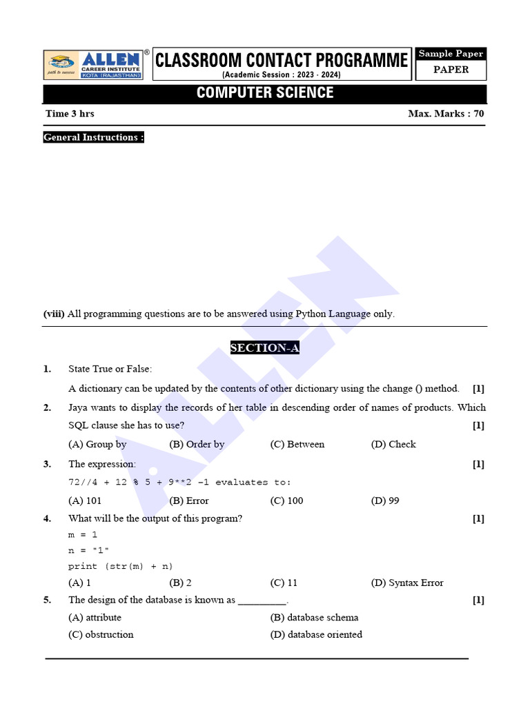 Sample Paper Computer Science Paper | PDF | Table (Database) | String ...