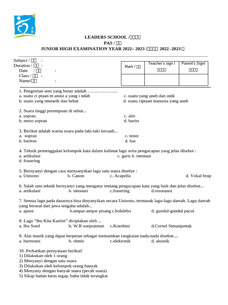 Soal - Senibuday - SMP Ulangan - Pass1 - LDRS | PDF