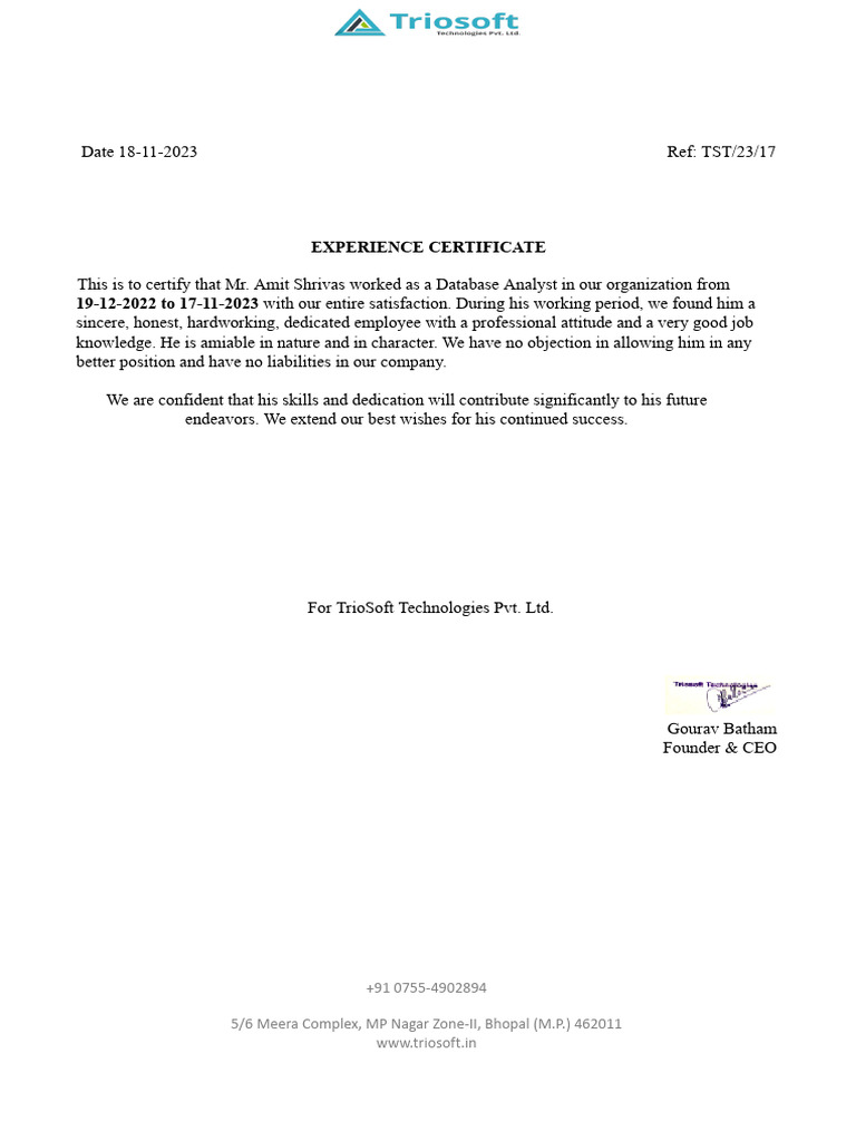 Experience Letter-Amit Shrivas | PDF