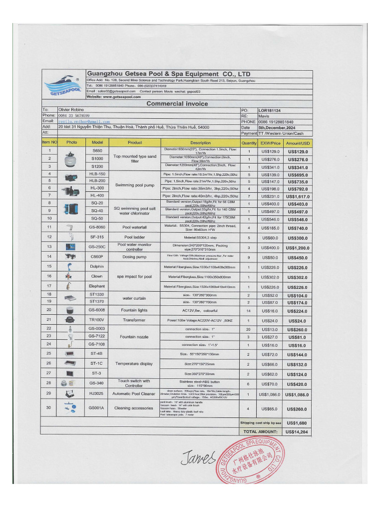 Commercial invoice-swimming pool equipment- by Mavis-Getseapool | PDF