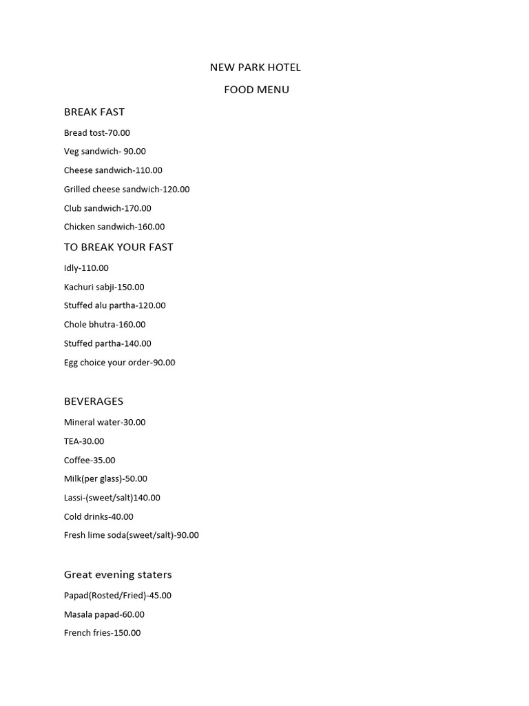 New Park Hotel Food Menu | PDF | Foods | Cuisine
