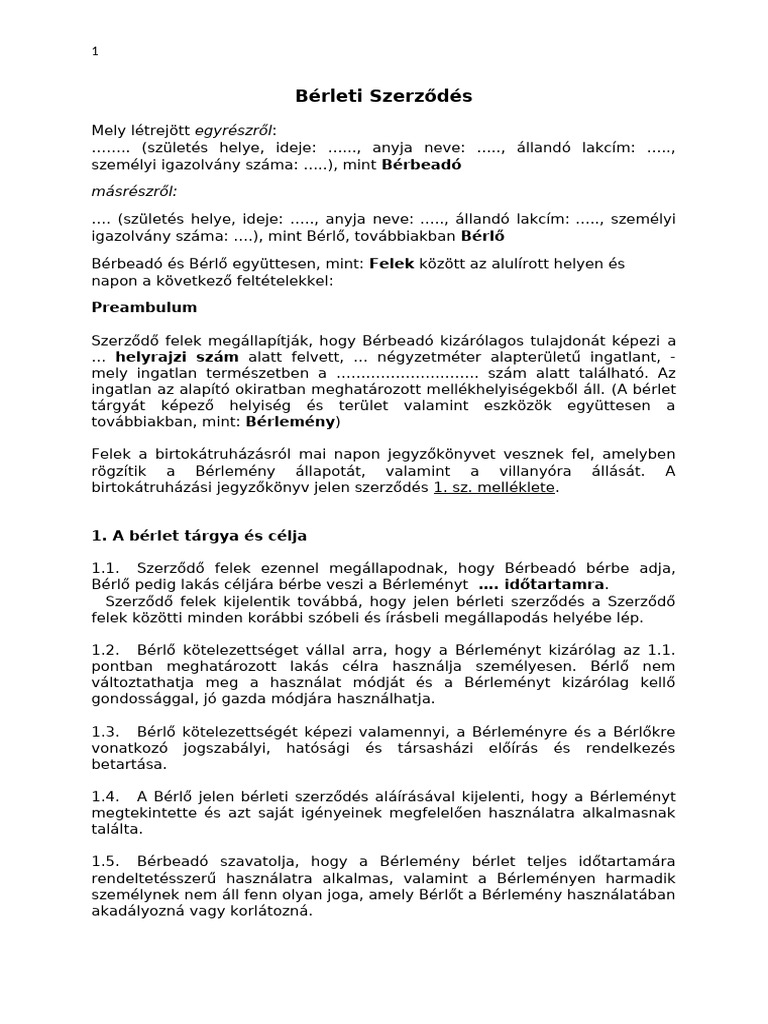 Berleti Szerzodes Minta Sablon | PDF
