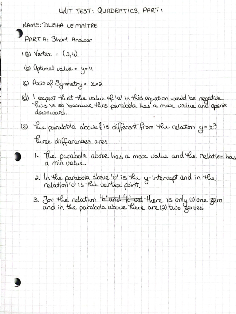 Unit Test Quadratics Part 1 | PDF