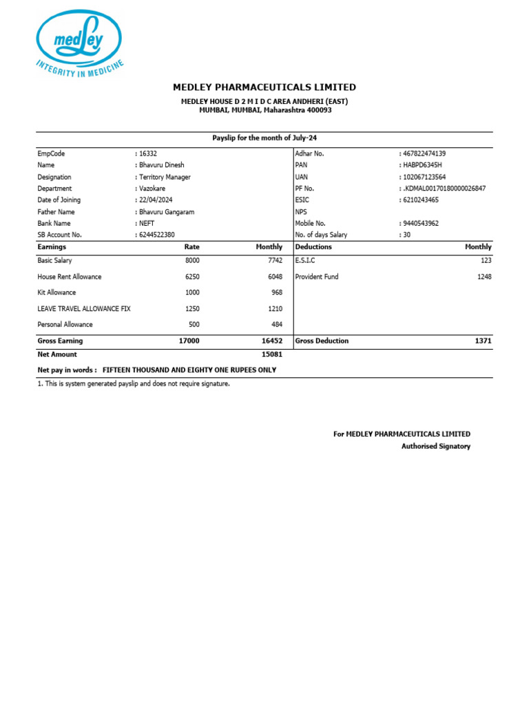 July 2024 Salary Slip for Bhavuru Dinesh | PDF | Payments | Taxes