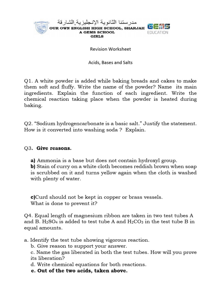 Revision worksheet acids and bases1 (1) | PDF | Sodium Carbonate ...