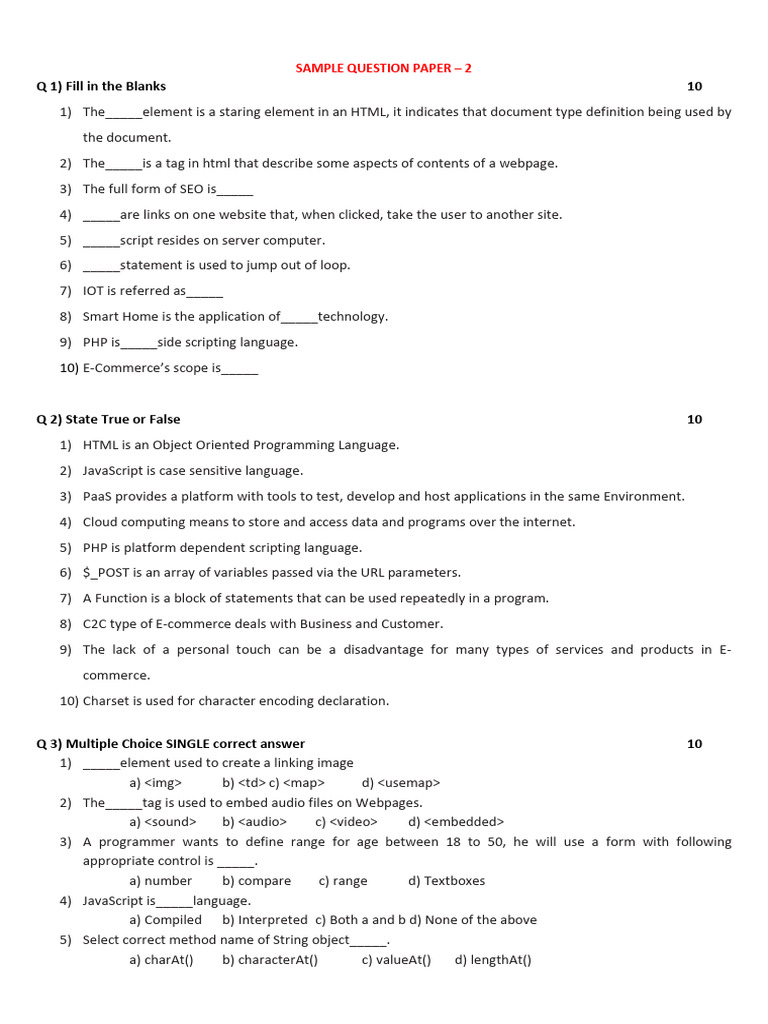 12 IT sample question papper 01 | PDF | Php | Html