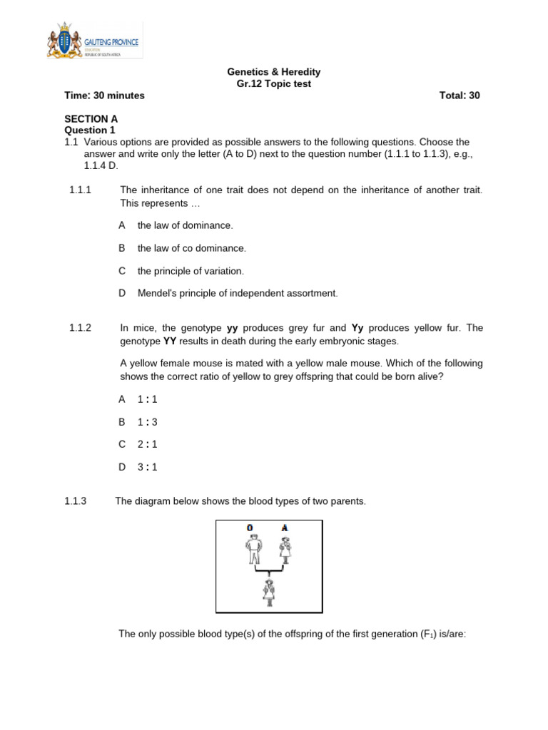 Grade 12 Genetics Test Questions | PDF | Dominance (Genetics ...
