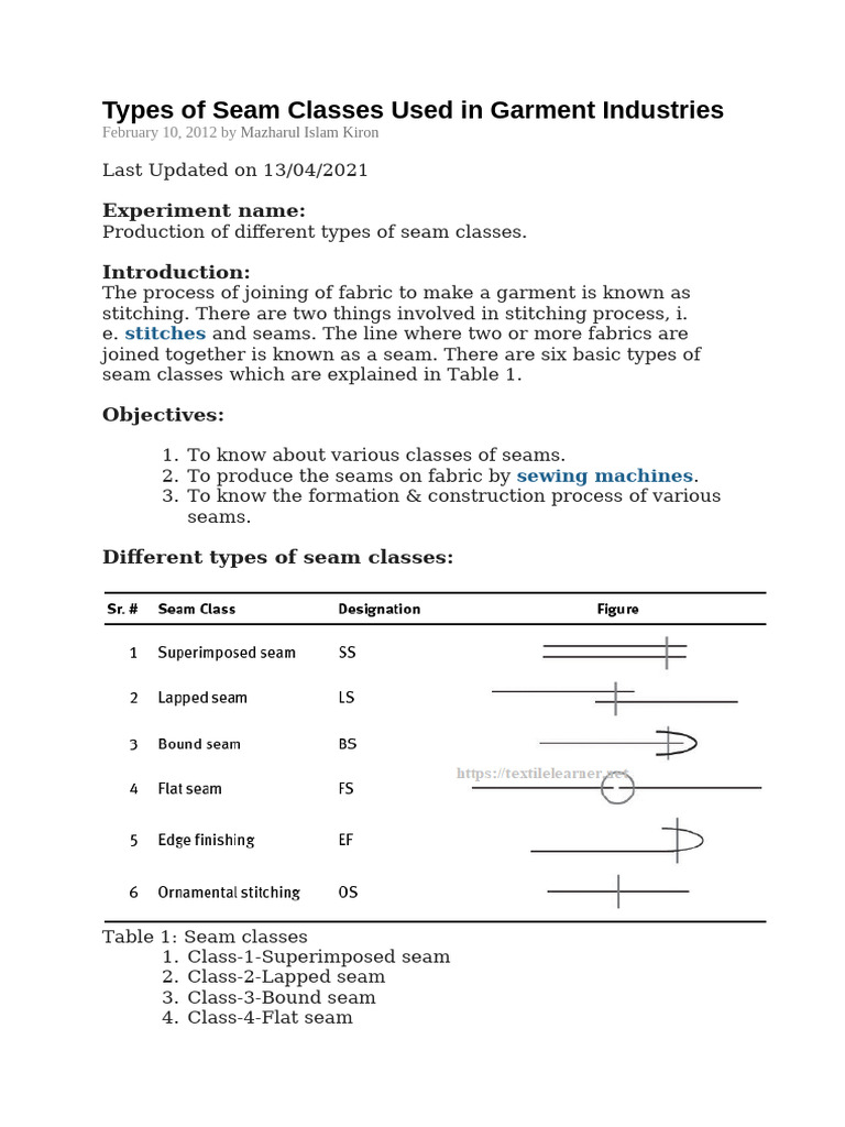 Types of Seam Classes Used in Garment Industries | PDF | Seam (Sewing ...