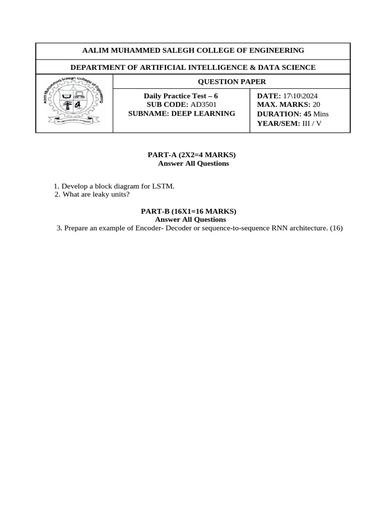 DPT 6 - DEEPLEARNING Question Paper | PDF
