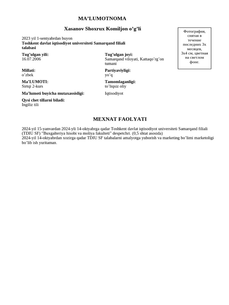 Xasanov Shoxrux Komiljon O'g'li | PDF