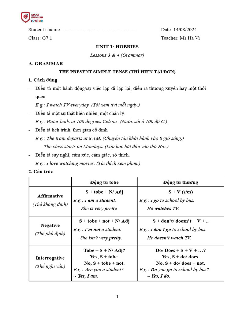 (14.08 - G7.1) Unit 1 - Lessons 3 & 4 (Grammar) - LC | PDF