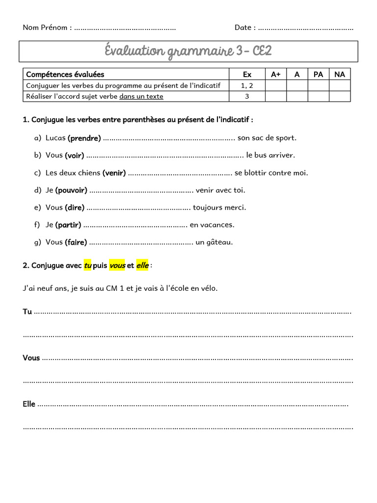 Evaluation Grammaire 3 | PDF
