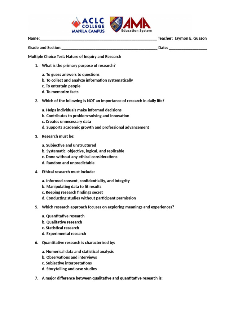 Multiple Choice Test on Research Methods | PDF | Qualitative Research ...