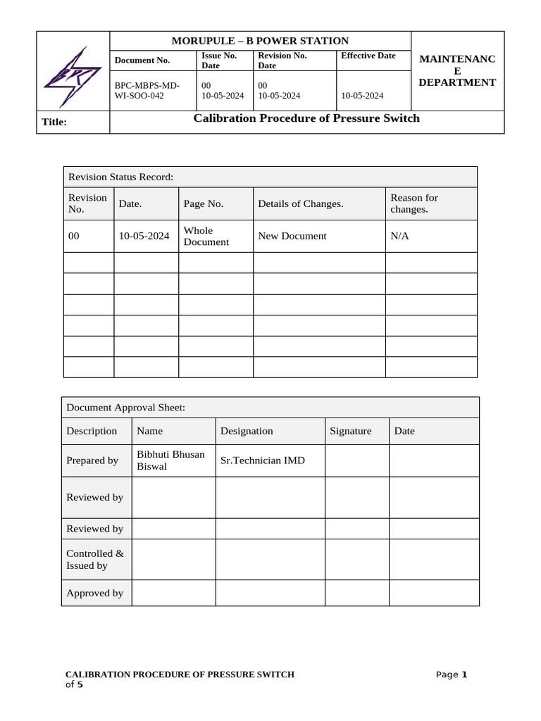 SOP of Pressure Switch Calibration | PDF | Calibration | Switch