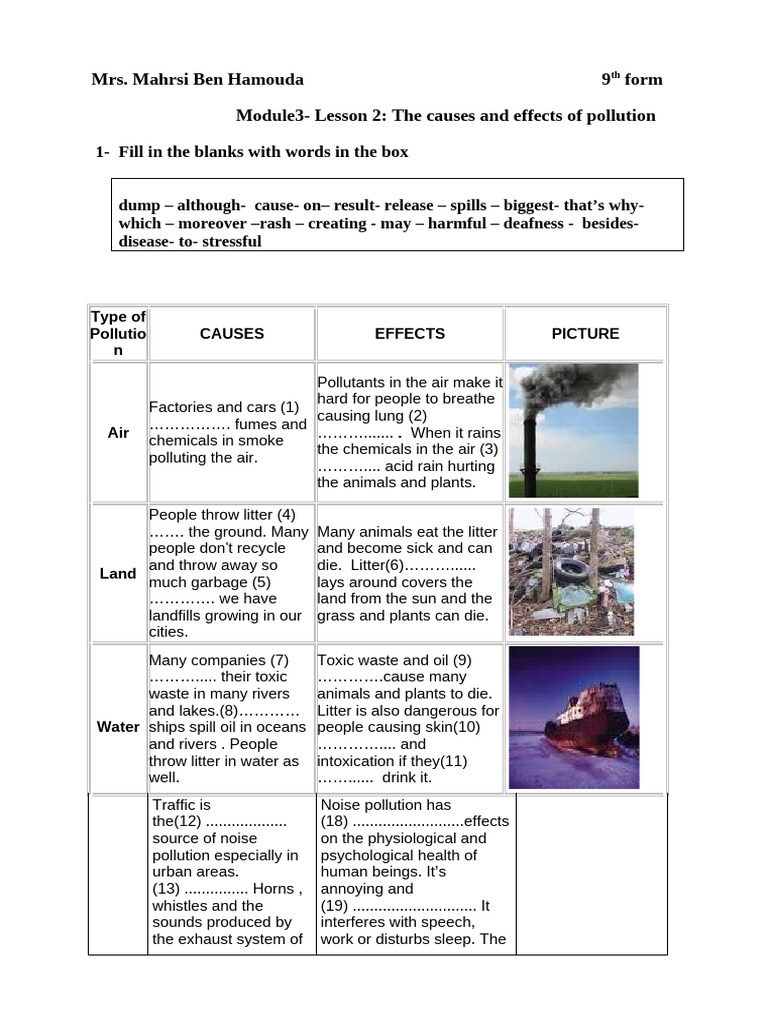 Causes and Effects of Pollution - Worksheet | PDF | Noise | Waste