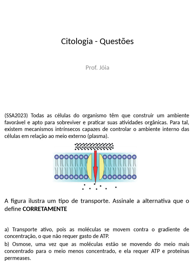 Questões de Citologia e Transporte Celular | PDF | Célula (Biologia ...