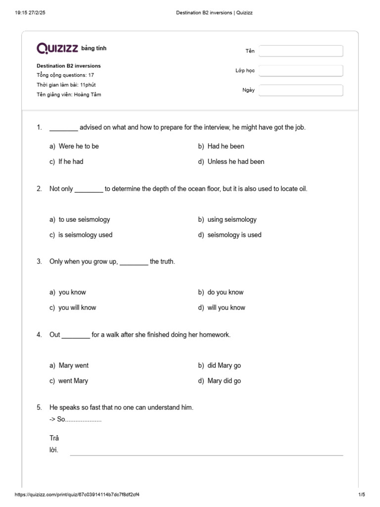 Destination B2 Inversions - Quizizz | PDF