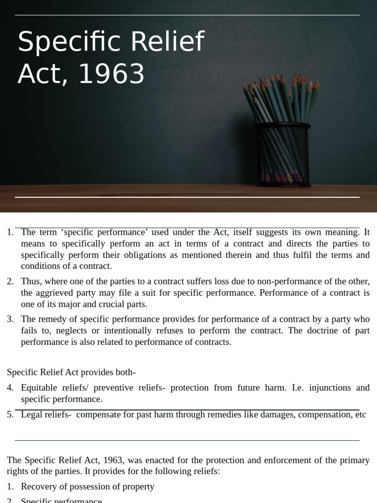 Specific Relief Act, 1963 | PDF | Legal Remedy | Specific Performance