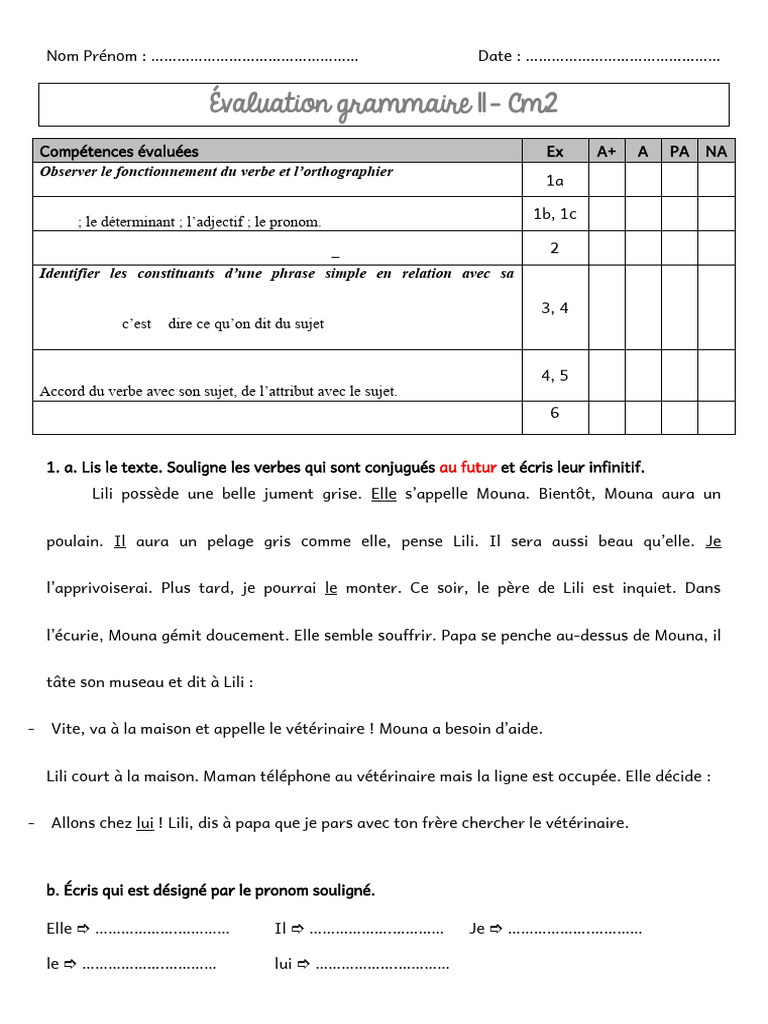 Évaluation de grammaire CM2 : Verbes et phrases | PDF | Sujet ...