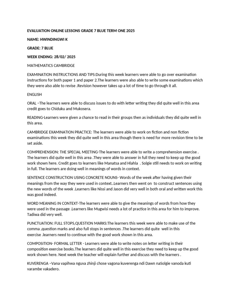 Week 7 Evaluation Grade 7 Blue Term One 2025 | PDF | Linguistics ...