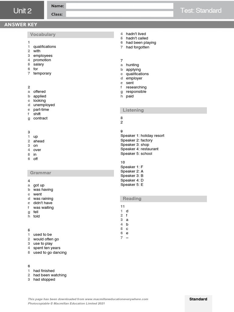 Unit 2 Standard Test: Vocabulary & Grammar | PDF