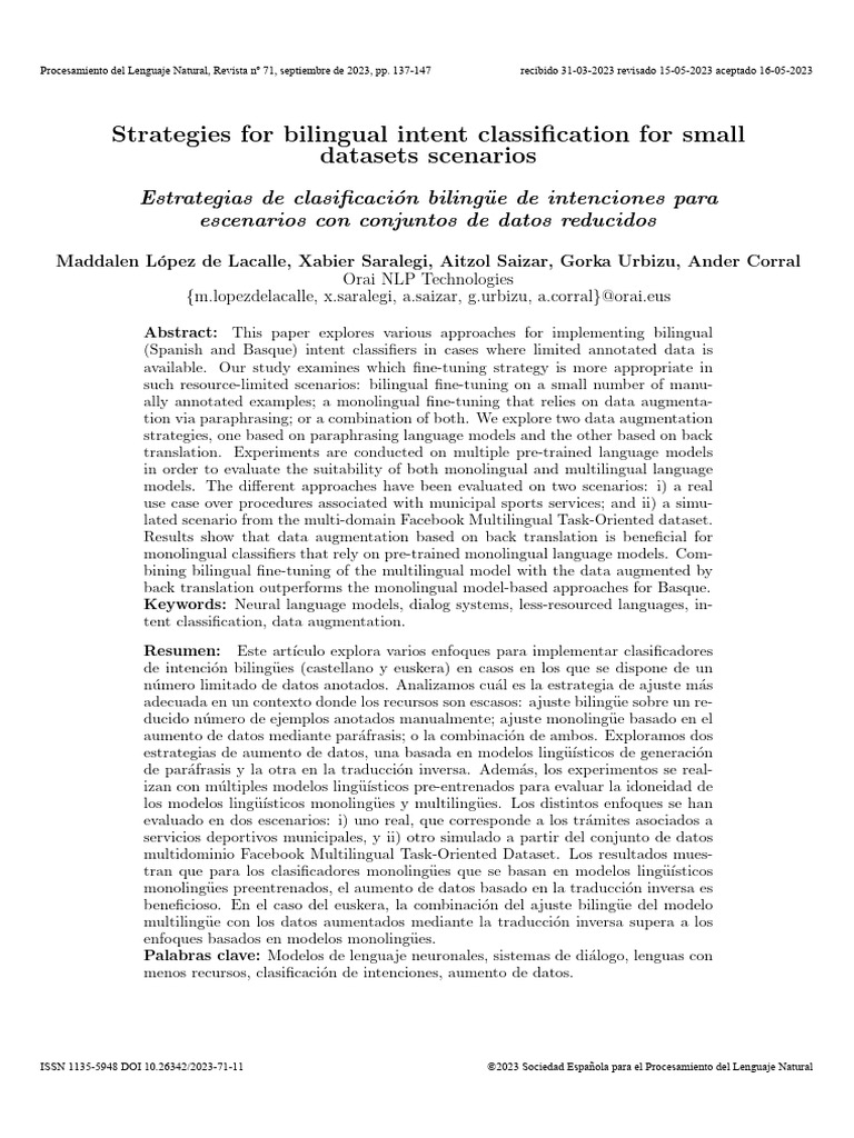 López de Lacalle (2023) Strategies For Bilingual Intent Classification For Small Datasets ...