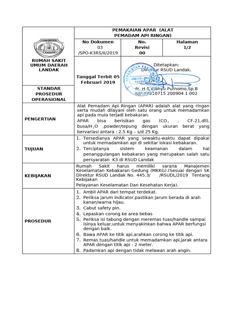 Prosedur Penggunaan APAR di RSUD Landak | PDF