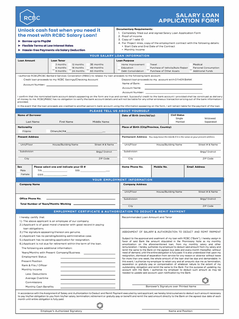 RCBC Salary Loan Application Form | PDF | Loans | Interest