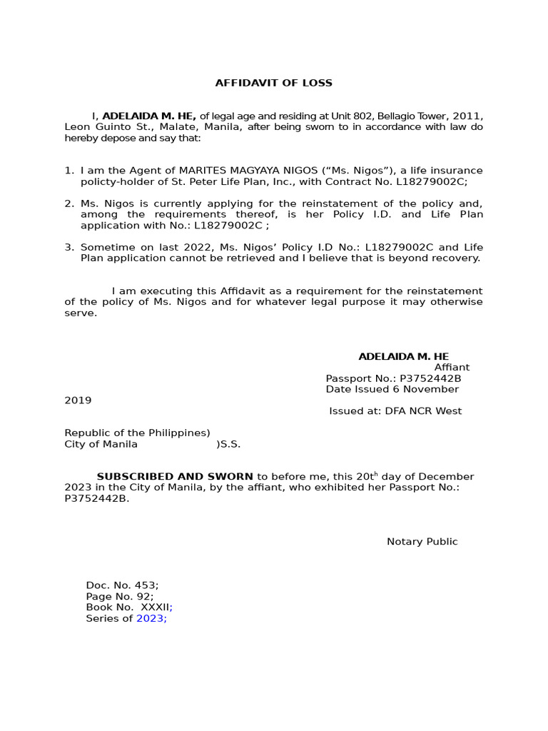 Affidavit of Loss for Insurance Policy | PDF
