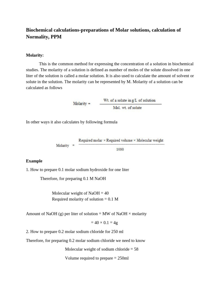 Molarity, Normality, and PPM Calculations | PDF | Mole (Unit ...