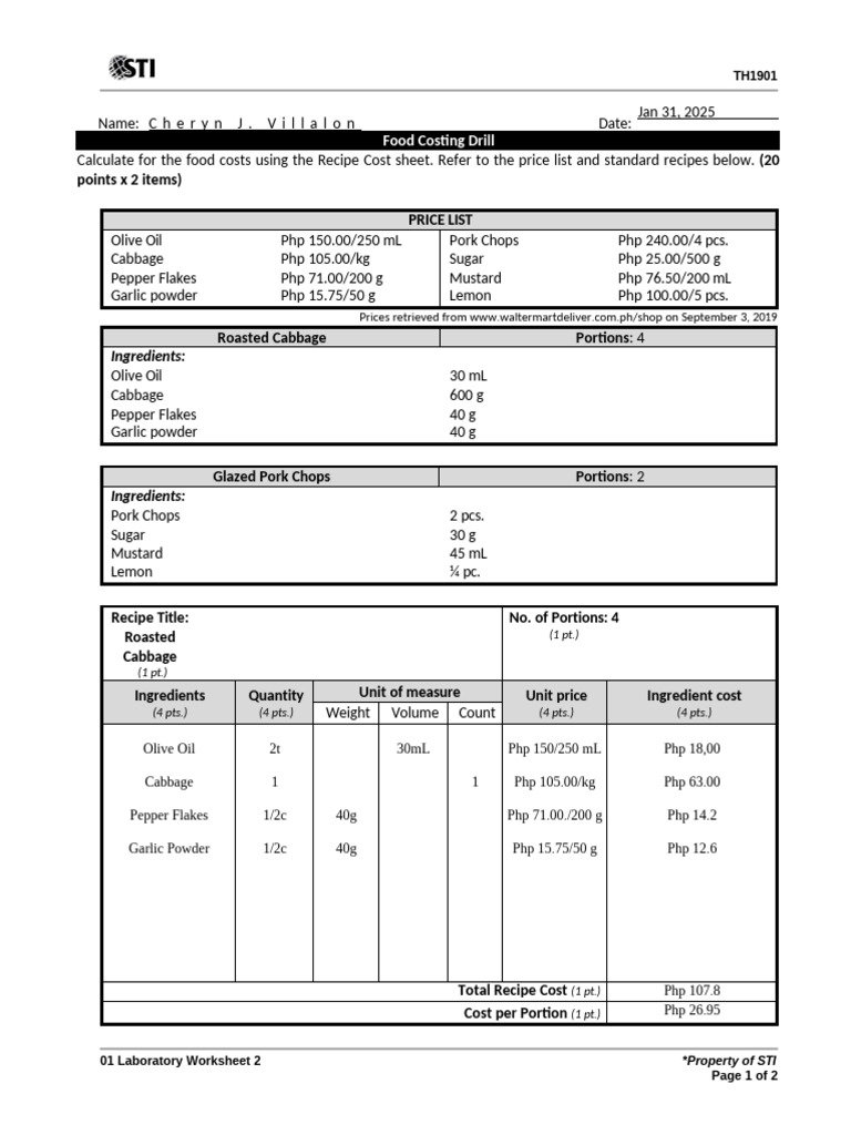Food Costing Worksheet for Recipes | PDF | European Cuisine | Foods