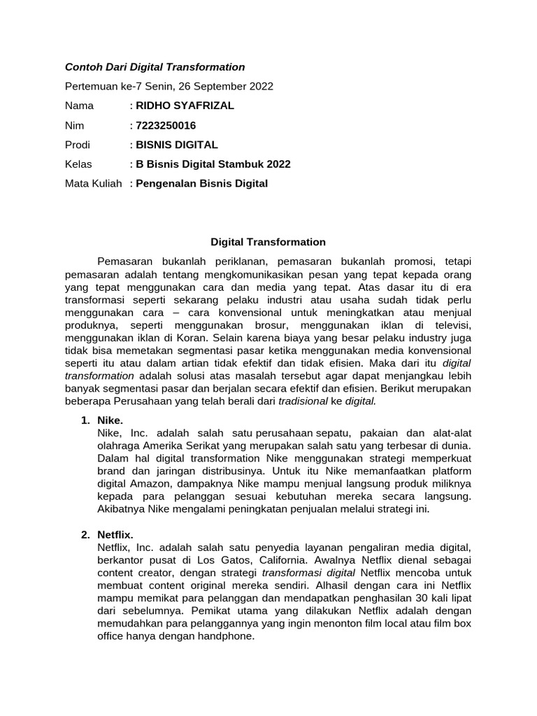 Tugas 6 Contoh Dari Digital Transformation | PDF