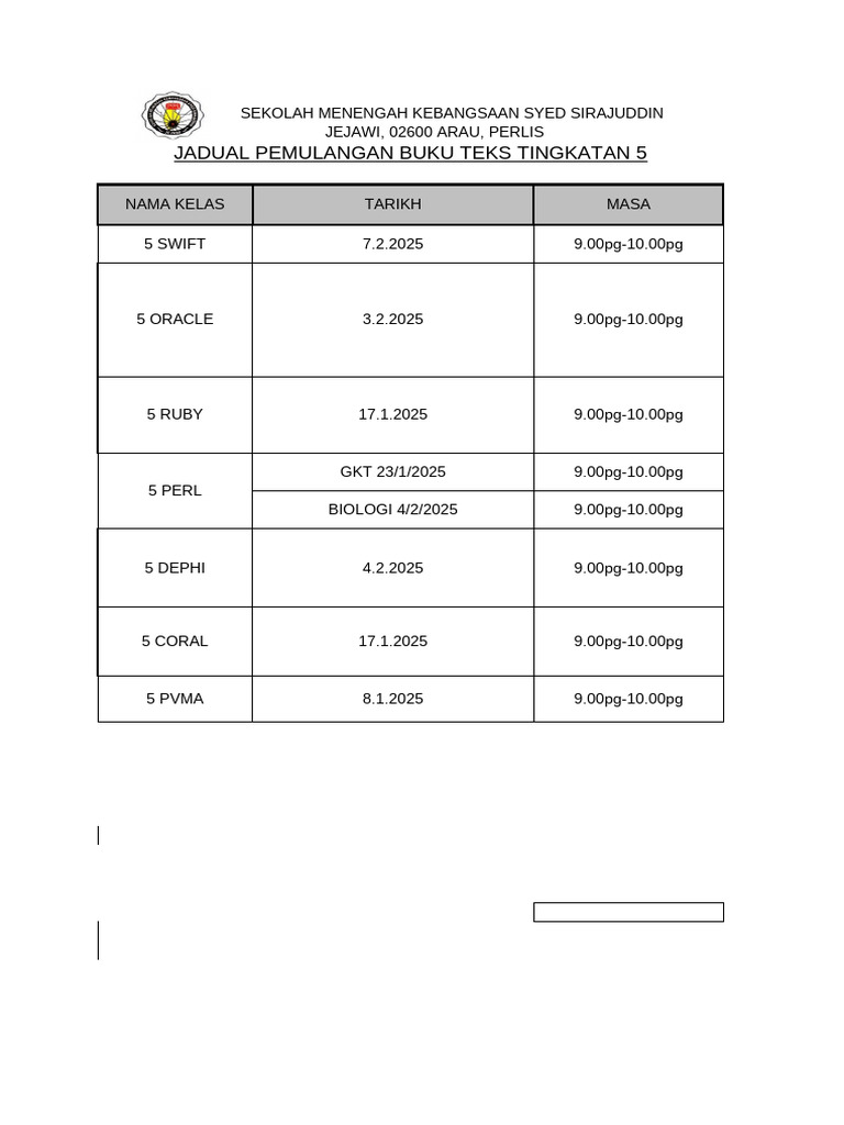 Jadual Pemulangan Buku Teks Tingkatan 5-2 | PDF