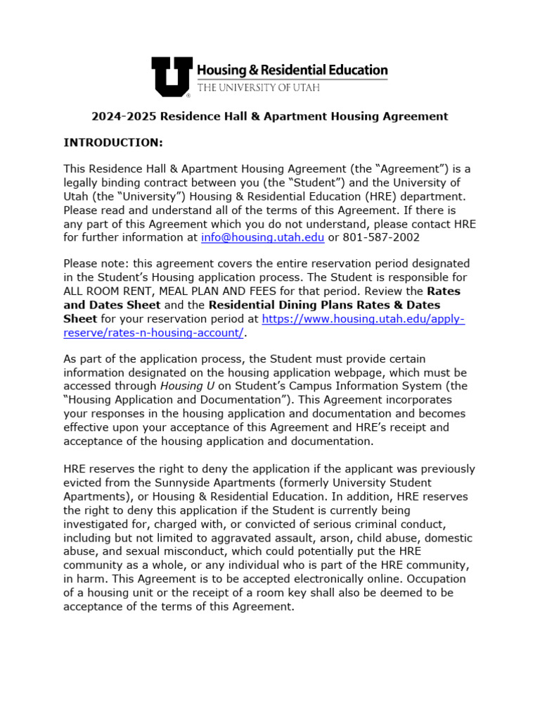 University of Utah Housing Agreement 2024-25 | PDF | Fee | Indemnity