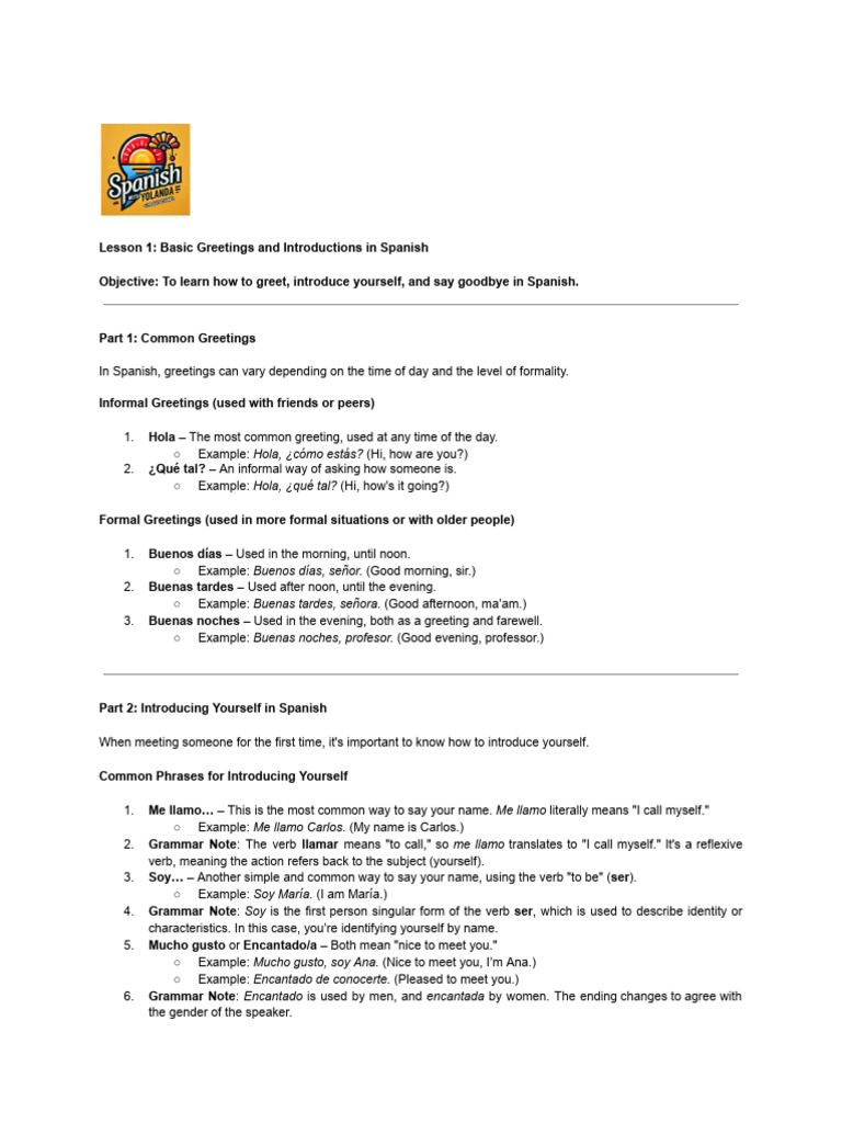 Lesson 1- Basic Greetings and Introductions in Spanish.docx | PDF ...
