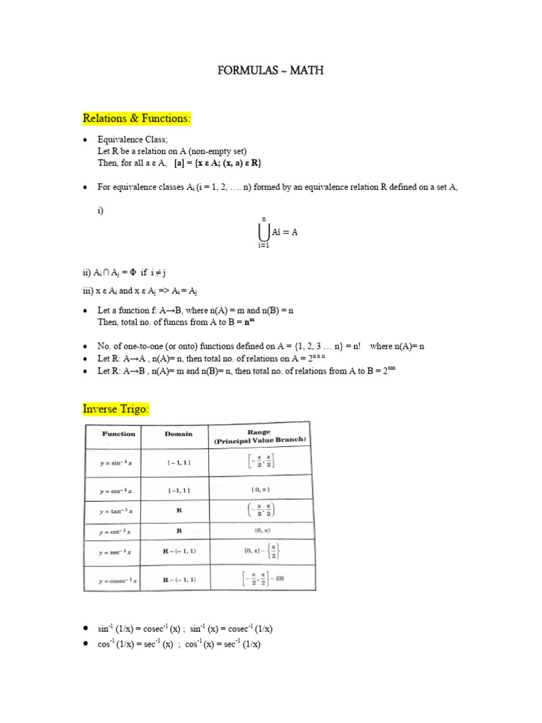 Class 12 - IMP Math Formulas (All Chapters) | PDF | Integral | Geometry