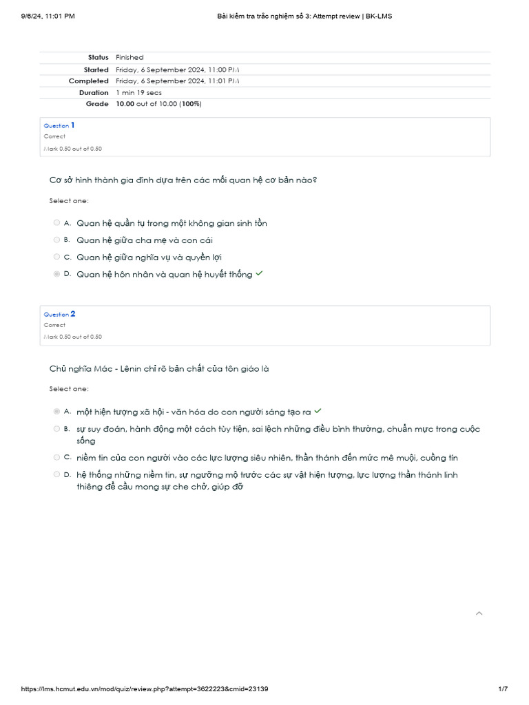 Bài kiểm tra trắc nghiệm số 3 - Attempt review - BK-LMS | PDF