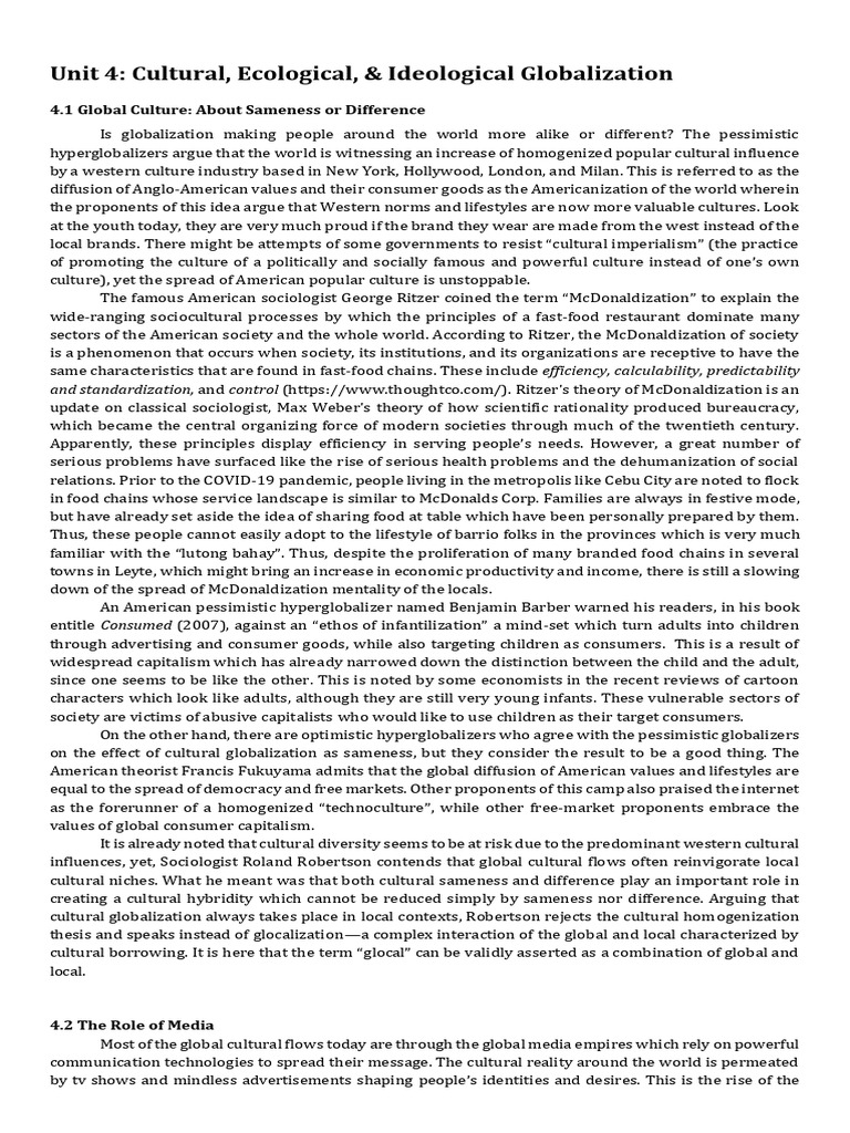 Unit 4 Cultural, Ecological, & Ideological Globalization | PDF | Cost ...
