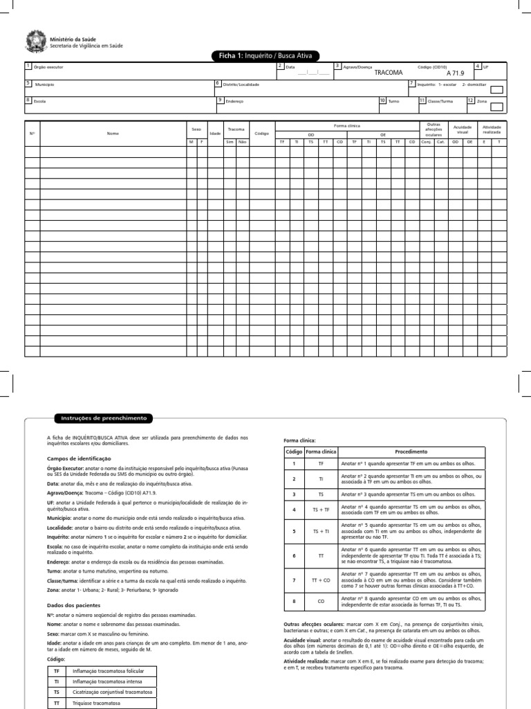 Ficha de Inquérito para Tracoma | PDF | RTT | Ciências da Saúde