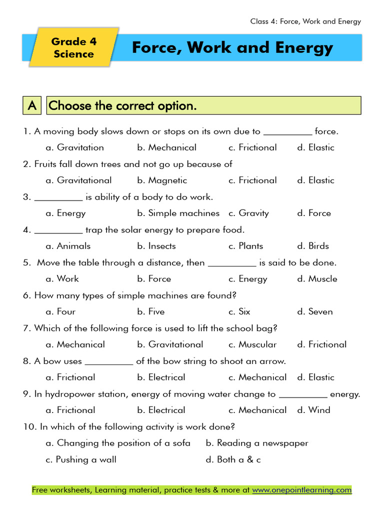 Worksheet Force Work Energy Class 4 B | PDF | Force | Machines
