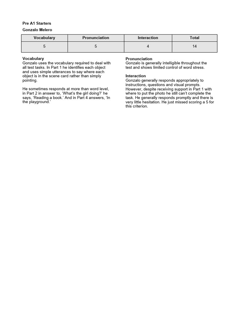 Pre A1 Starters Assessment Summary | PDF