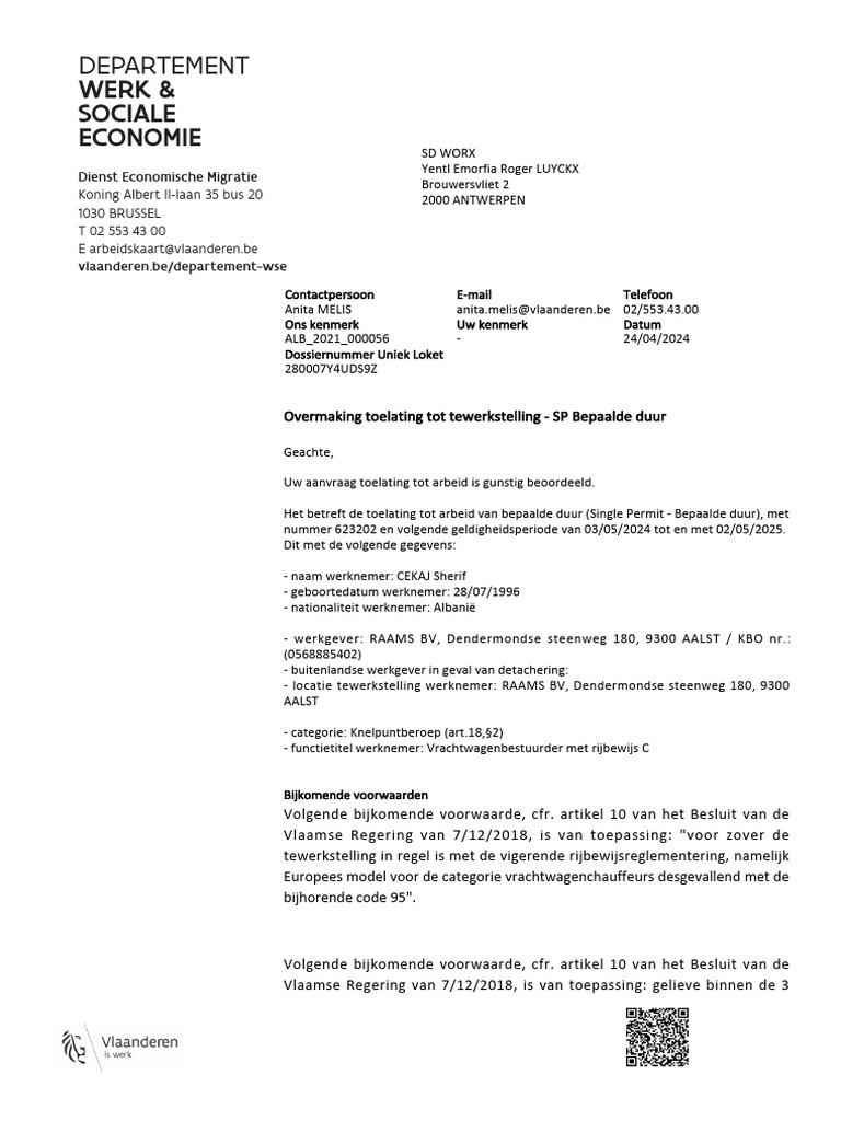 Overmaking Toelating Tot Tewerkstelling Aan DVZ-SP Bepaalde Duur | PDF