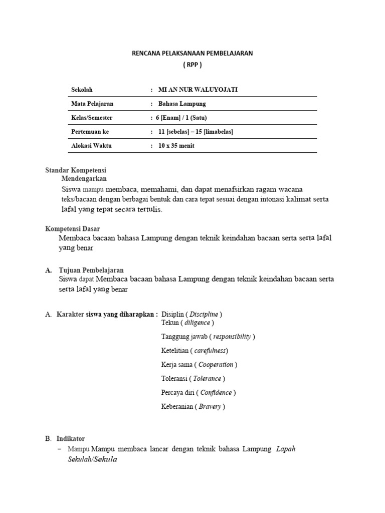 RPP Bhs. Lampung Kelas 6 SMT 1 | PDF