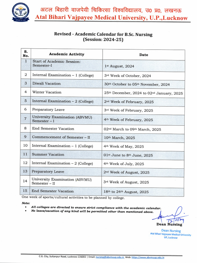 Revised Academic Calender B.sc. Nursing Batch 2024-25 | PDF