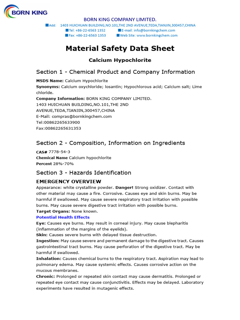 Calcium Hypochlorite MSDS Overview | PDF | Cyanide | Ethanol