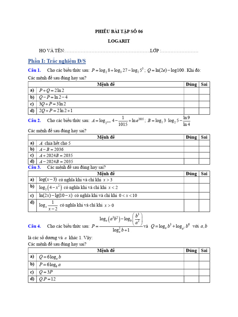 Hương dẫn chi tiết phiếu bài tập LOGARIT | PDF
